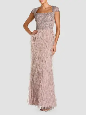 Mac Duggal Beaded Feather-trim Gown - Mocha