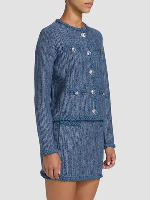 MILLY Shayne Pinstriped Knit Crewneck Cardigan