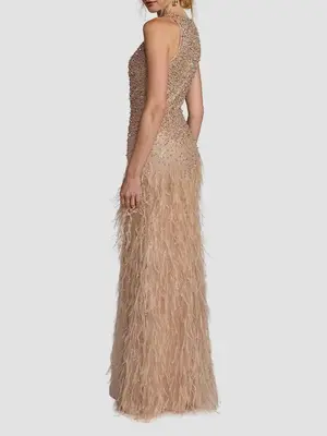 Mac Duggal Beaded Feather-trimmed Gown