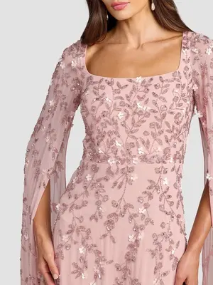 Mac Duggal Petite Beaded Cape-sleeve Gown - Rose
