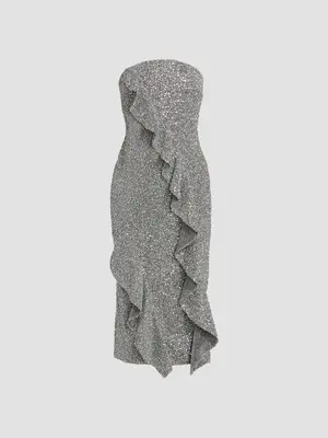MILLY Katy Sequin Ruffle Strapless Cocktail Dress
