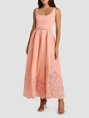 Mac Duggal Floral-lace Crepe Belted Midi-dress