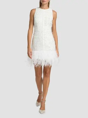 MILLY Raven Feather-trim Metallic Tweed Minidress