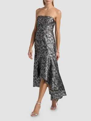 MILLY Diana Feather Jacquard Strapless Midi-dress