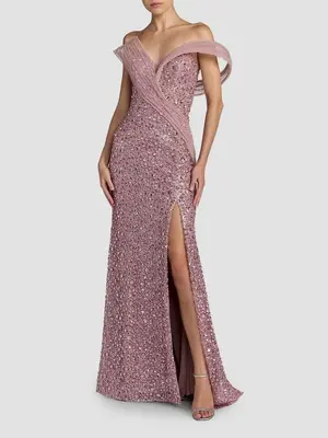 Mac Duggal Crystal-embellished Sequined Asymmetric Gown - Blush
