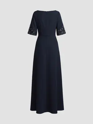 Mac Duggal Crepe Beaded-sleeves A-line Gown