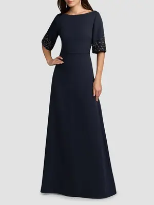 Mac Duggal Crepe Beaded-sleeves A-line Gown