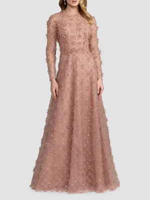 Mac Duggal Beaded Tulle Long-sleeve A-line Gown