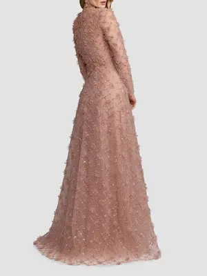 Mac Duggal Beaded Tulle Long-sleeve A-line Gown