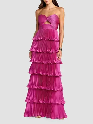 Mac Duggal Ieena Pleated Charmeuse Strapless Tiered Ruffle Gown Fuchsia