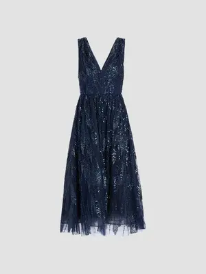 MILLY Tinsley Embroidered V-neck Dress - Navy Multi