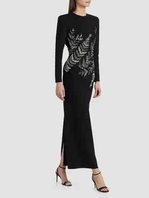 Oscar De La Renta Fern Embroidered Long-sleeve Stretch-wool Gown