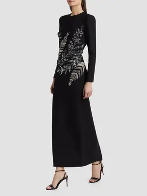 Oscar De La Renta Fern Embroidered Long-sleeve Stretch-wool Gown