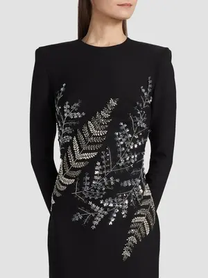 Oscar De La Renta Fern Embroidered Long-sleeve Stretch-wool Gown