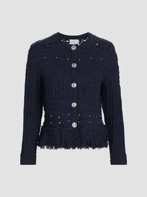 MILLY Beaded Fringe Cardigan Jacket - Navy