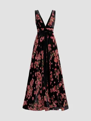 Mac Duggal Floral Velvet Plunging V-neck Ball Gown