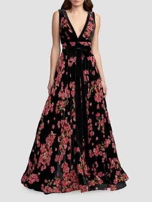 Mac Duggal Floral Velvet Plunging V-neck Ball Gown