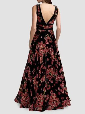 Mac Duggal Floral Velvet Plunging V-neck Ball Gown
