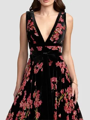 Mac Duggal Floral Velvet Plunging V-neck Ball Gown