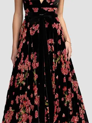 Mac Duggal Floral Velvet Plunging V-neck Ball Gown