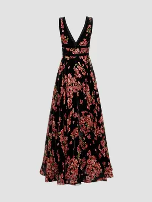 Mac Duggal Floral Velvet Plunging V-neck Ball Gown
