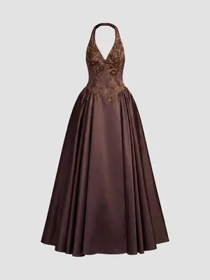 Mac Duggal Satin Beaded-bodice Gown