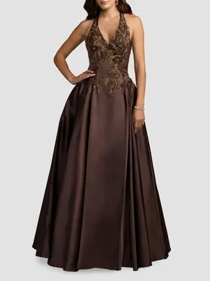 Mac Duggal Satin Beaded-bodice Gown