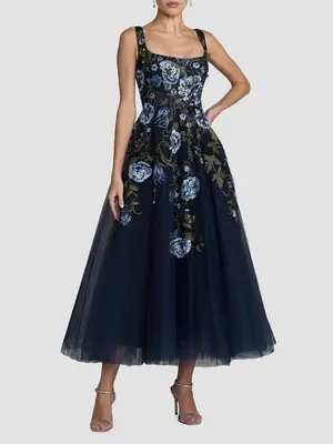 Mac Duggal Floral Embroidered Tulle Tea-length Cocktail Dress - Blue Multi