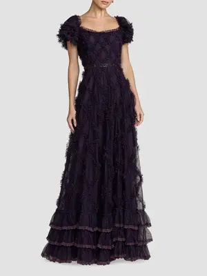 Mac Duggal Ruffled Mesh Short-sleeve Gown