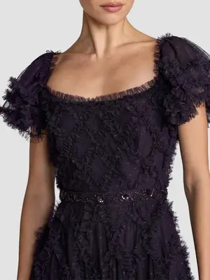 Mac Duggal Ruffled Mesh Short-sleeve Gown