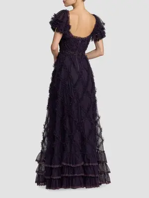 Mac Duggal Ruffled Mesh Short-sleeve Gown