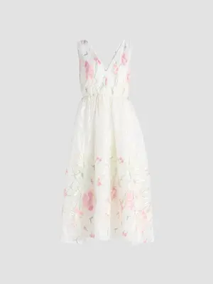 MILLY Tinsley Embroidered V-neck Midi-dress - White Multi