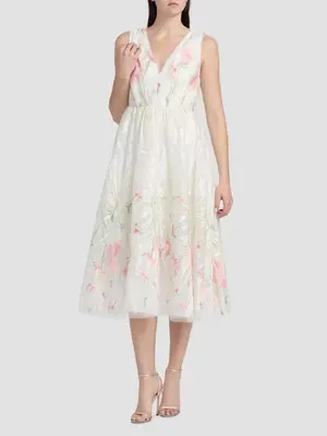 MILLY Tinsley Embroidered V-neck Midi-dress - White Multi