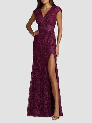 Mac Duggal Floral Appliqué Surplice Neck Gown