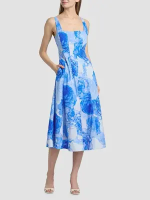 MILLY Nia Printed Stretch Cotton Poplin Midi-dress