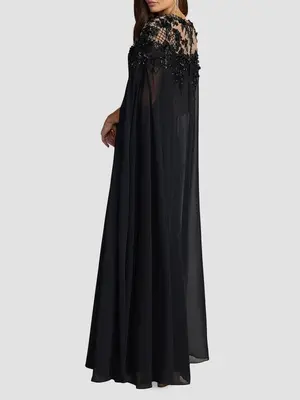 Mac Duggal Chiffon Floral Embellished Cape Gown