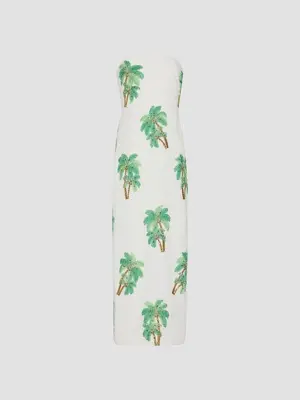 MILLY Clara Palm Embellished Strapless Maxi Dress - White Multi