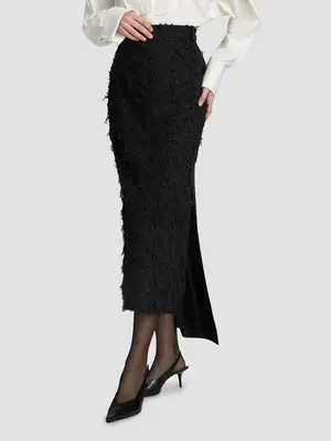 LANVIN Metallic Fringed Wool-blend Midi-skirt