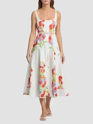 MILLY Nia Floral Squareneck Midi-dress