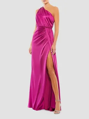 Mac Duggal Gathered Satin One-shoulder Gown