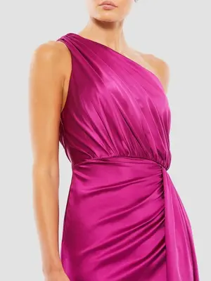 Mac Duggal Gathered Satin One-shoulder Gown
