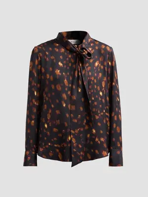 MILLY Printed Tieneck Silk-blend Blouse - Brown Multi