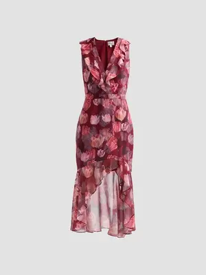 MILLY Nanci Ruffled Floral V-neck Midi Dress - Red Multi