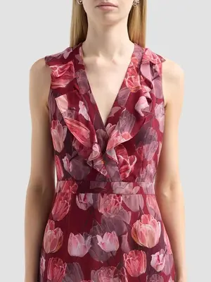 MILLY Nanci Ruffled Floral V-neck Midi Dress