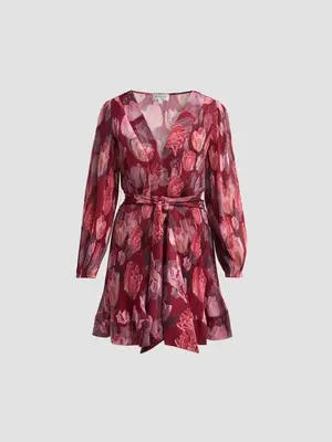 MILLY Liv Floral Pleated Tie-waist Mini Dress - Red Multi