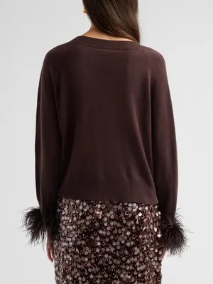 MILLY Feather Cuff V-neck Sweater