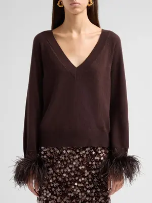 MILLY Feather Cuff V-neck Sweater - Brown