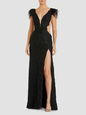 Mac Duggal Feather-trimmed Lace Wrap Gown