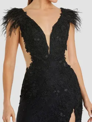 Mac Duggal Feather-trimmed Lace Wrap Gown