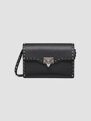 Valentino Garavani Small Rockstud Grainy Calfskin Crossbody Bag - Black